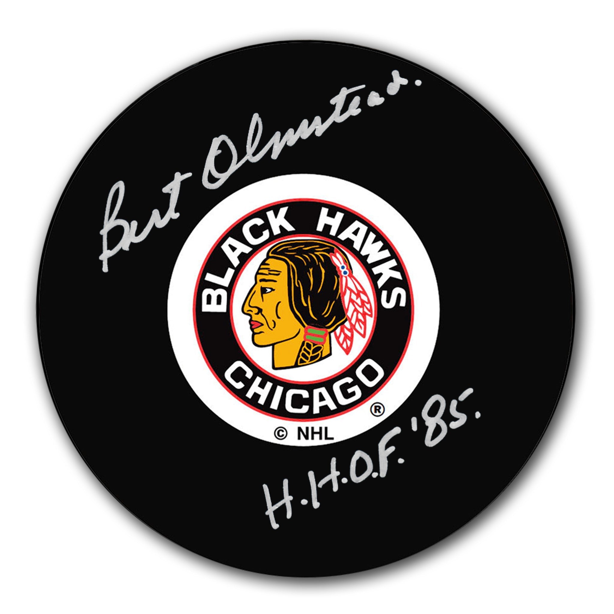 Bert Olmstead Chicago Blackhawks HOF Autographed Puck